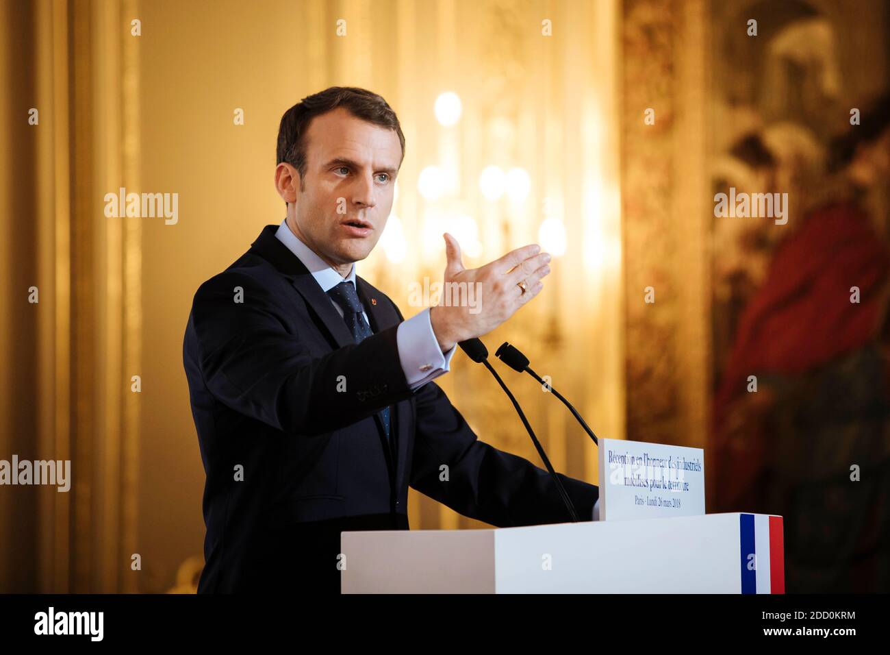 French President Emmanuel Macron arrives to deliver a speech to French ...