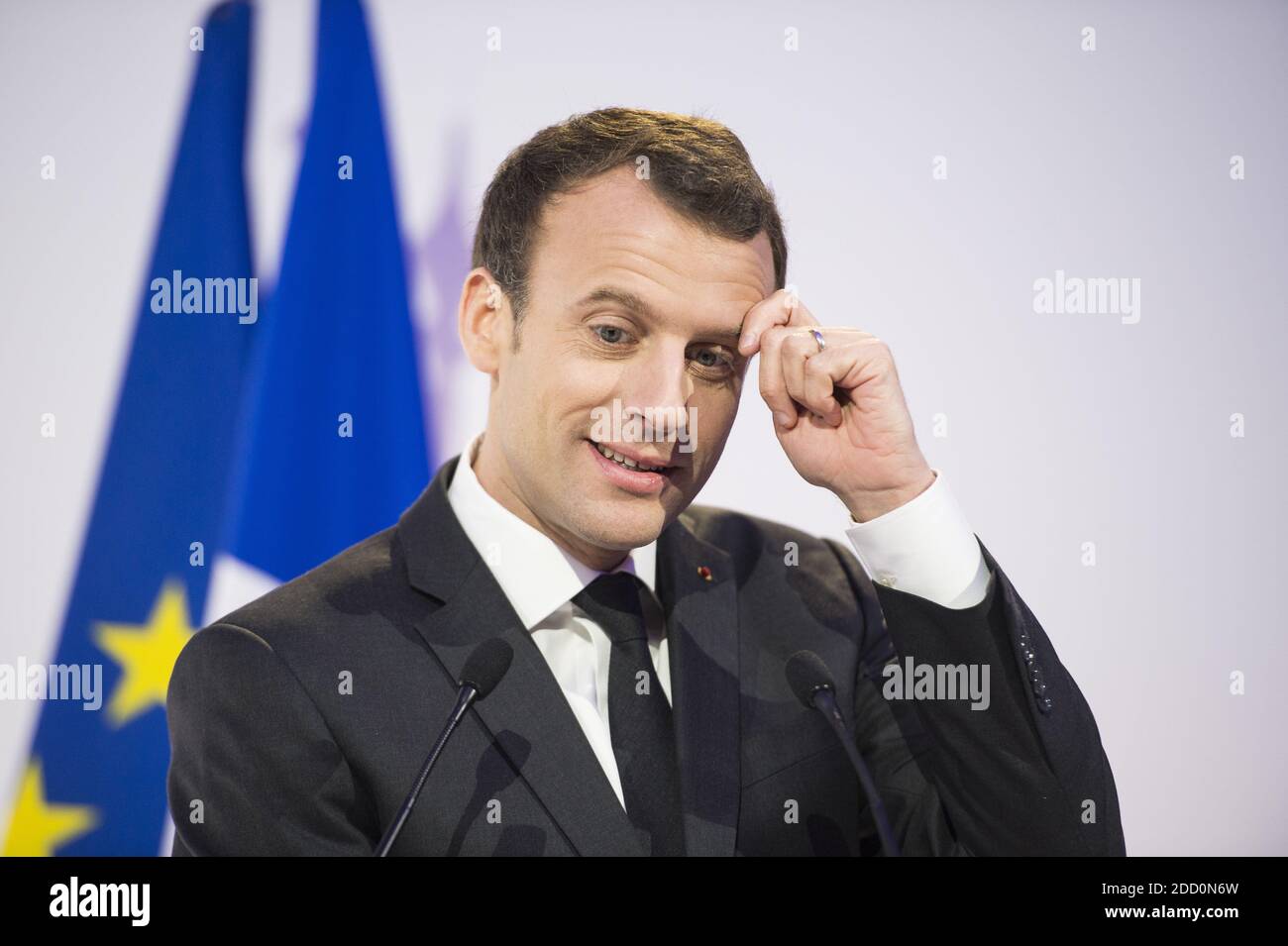 French President Emmanuel Macron delivers speech and gestures during ...