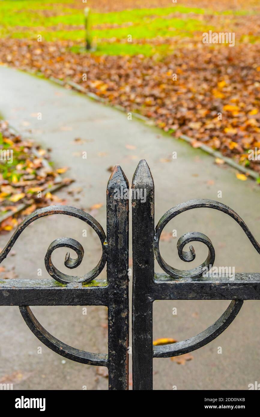 Wrought iron scrolls on a black painted gate to the church yard of ...
