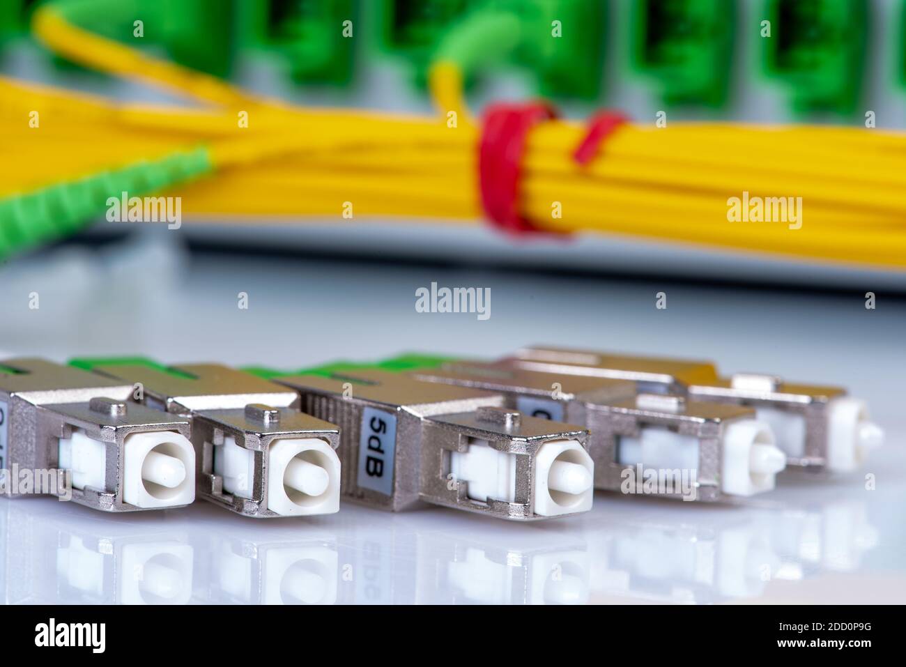 Fiber optic connector of telecommunication network closeup Stock Photo ...
