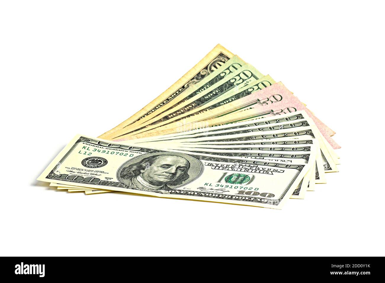 Close-up of large paper bills. American currency isolated on white ...