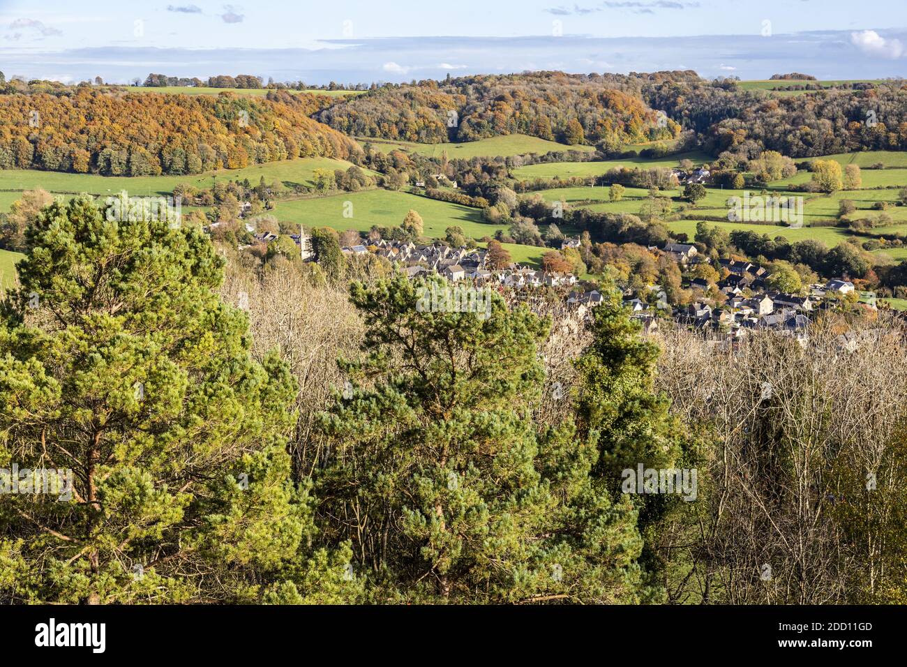 The village of Uley tucked in beneath the Cotswold escarpment viewed ...