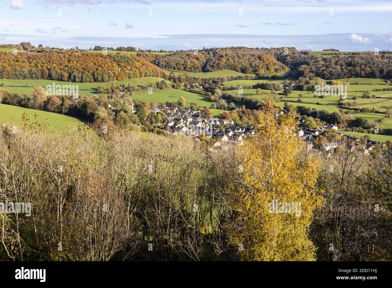 The village of Uley tucked in beneath the Cotswold escarpment viewed ...