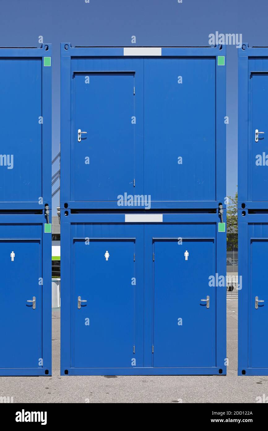 Temporary Public Toilets in Stacked Blue Cargo Containers Stock Photo ...