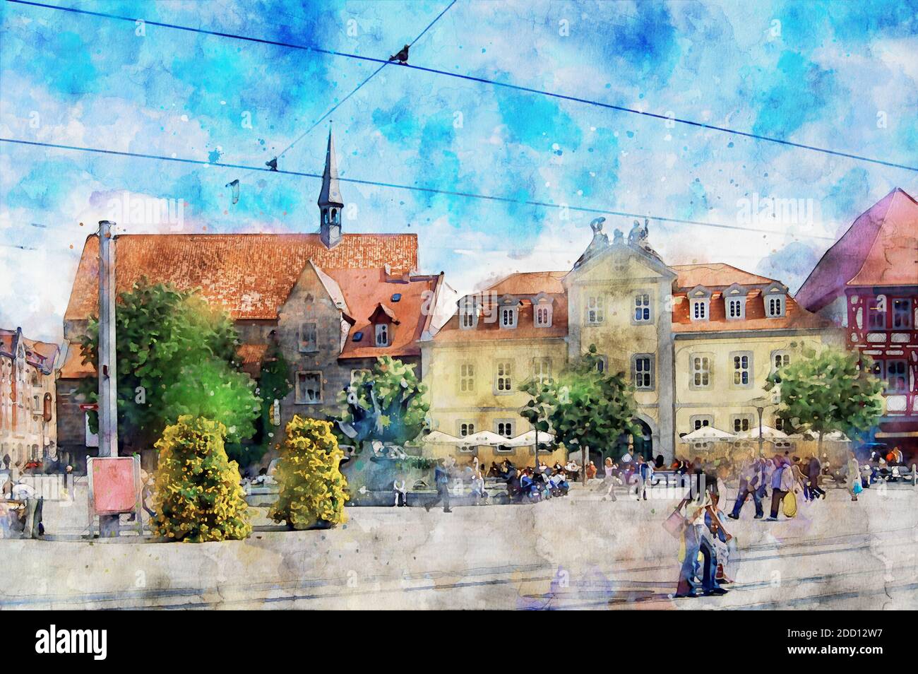 Watercolor painting of Erfurt cityscape capital of thuringia. People ...