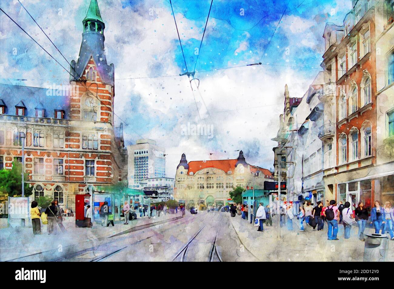 Watercolor painting of Erfurt cityscape capital of thuringia. People ...
