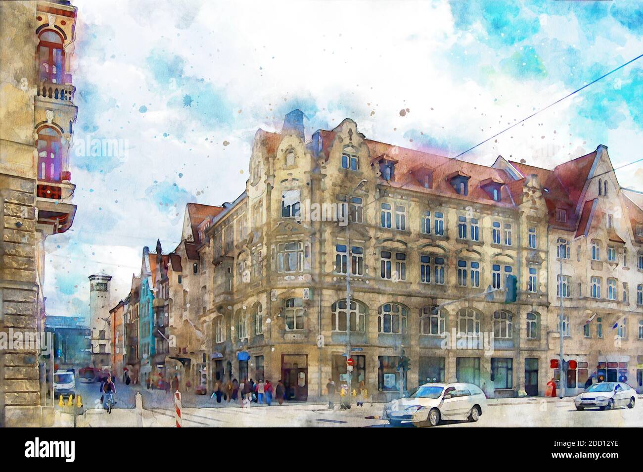 Watercolor painting of Erfurt cityscape capital of thuringia. People ...