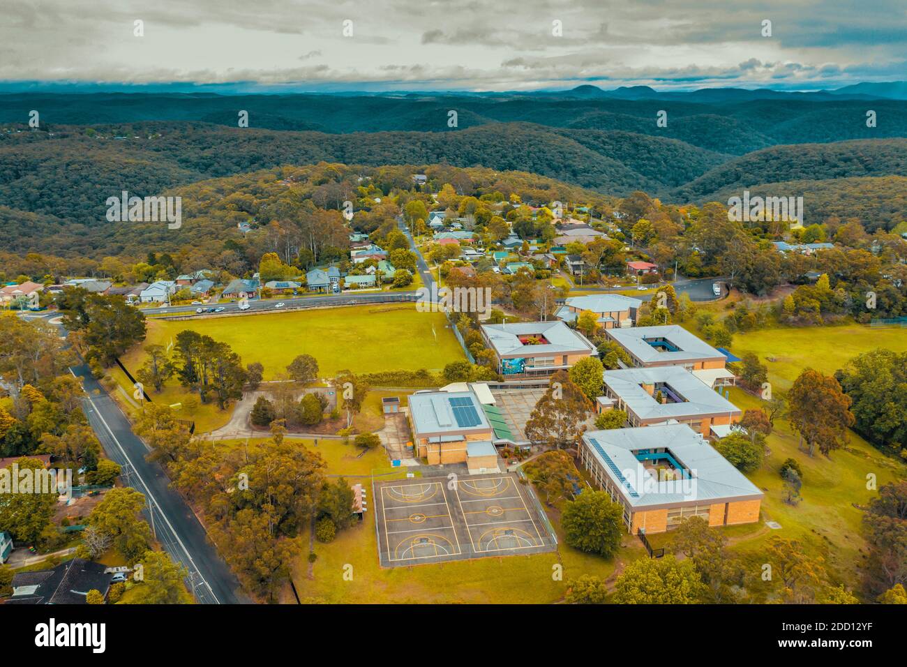 Aerial view of Springwood High School in The Blue Mountains in regional ...