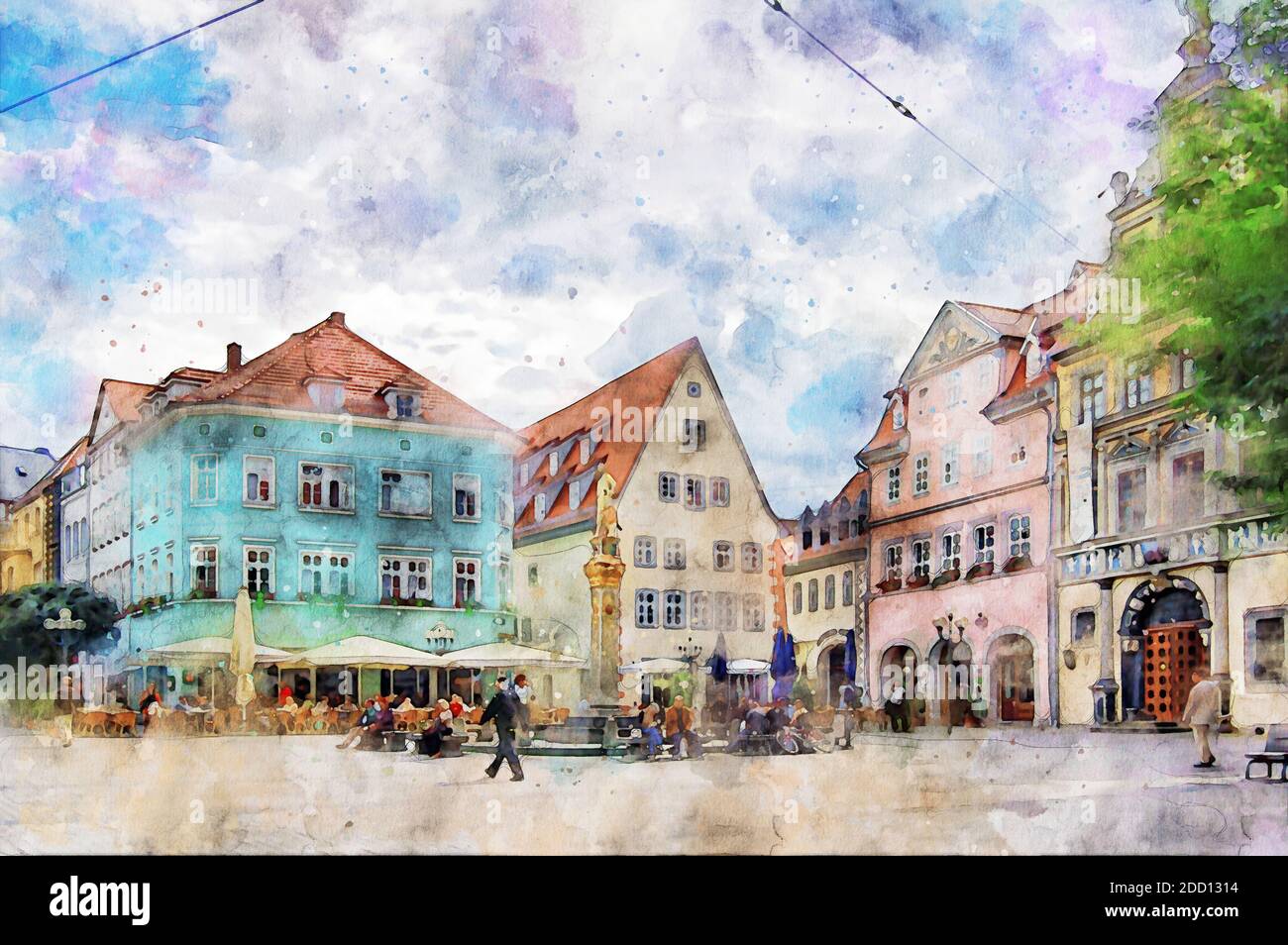 Watercolor painting of Erfurt cityscape capital of thuringia. People ...
