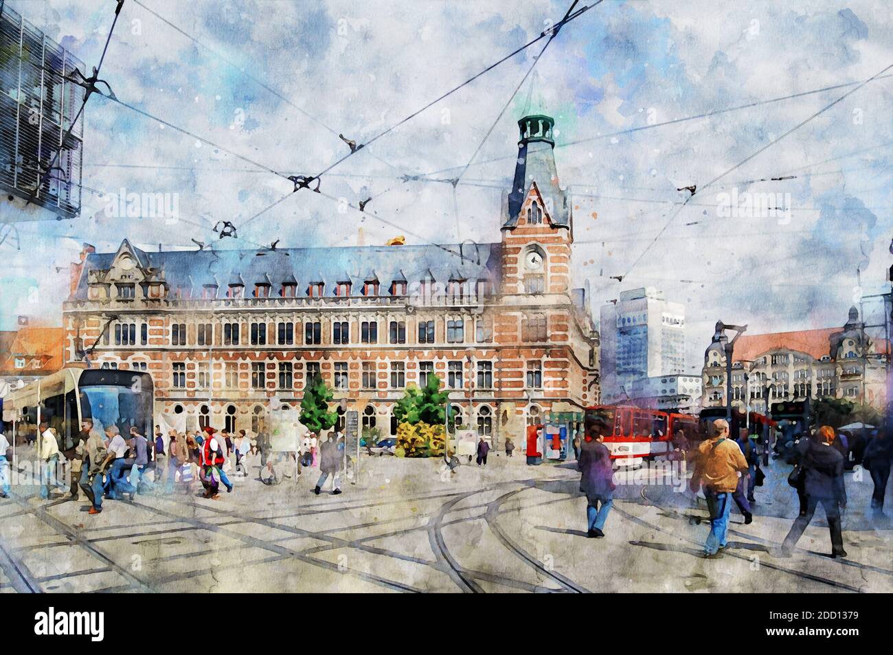 Watercolor painting of Erfurt cityscape capital of thuringia. People ...