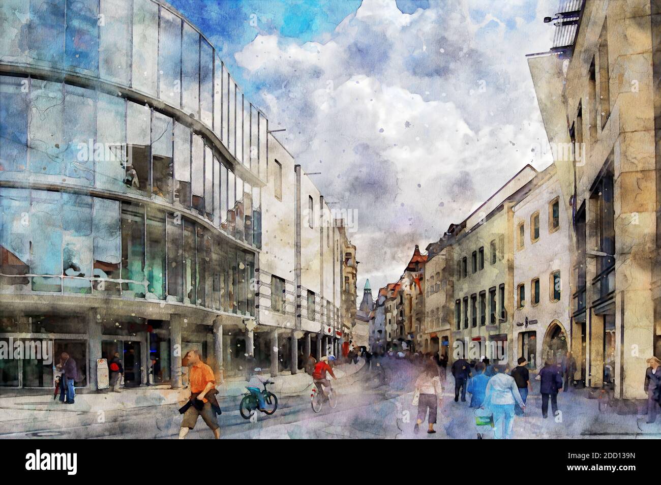 Watercolor painting of Erfurt cityscape capital of thuringia. People ...