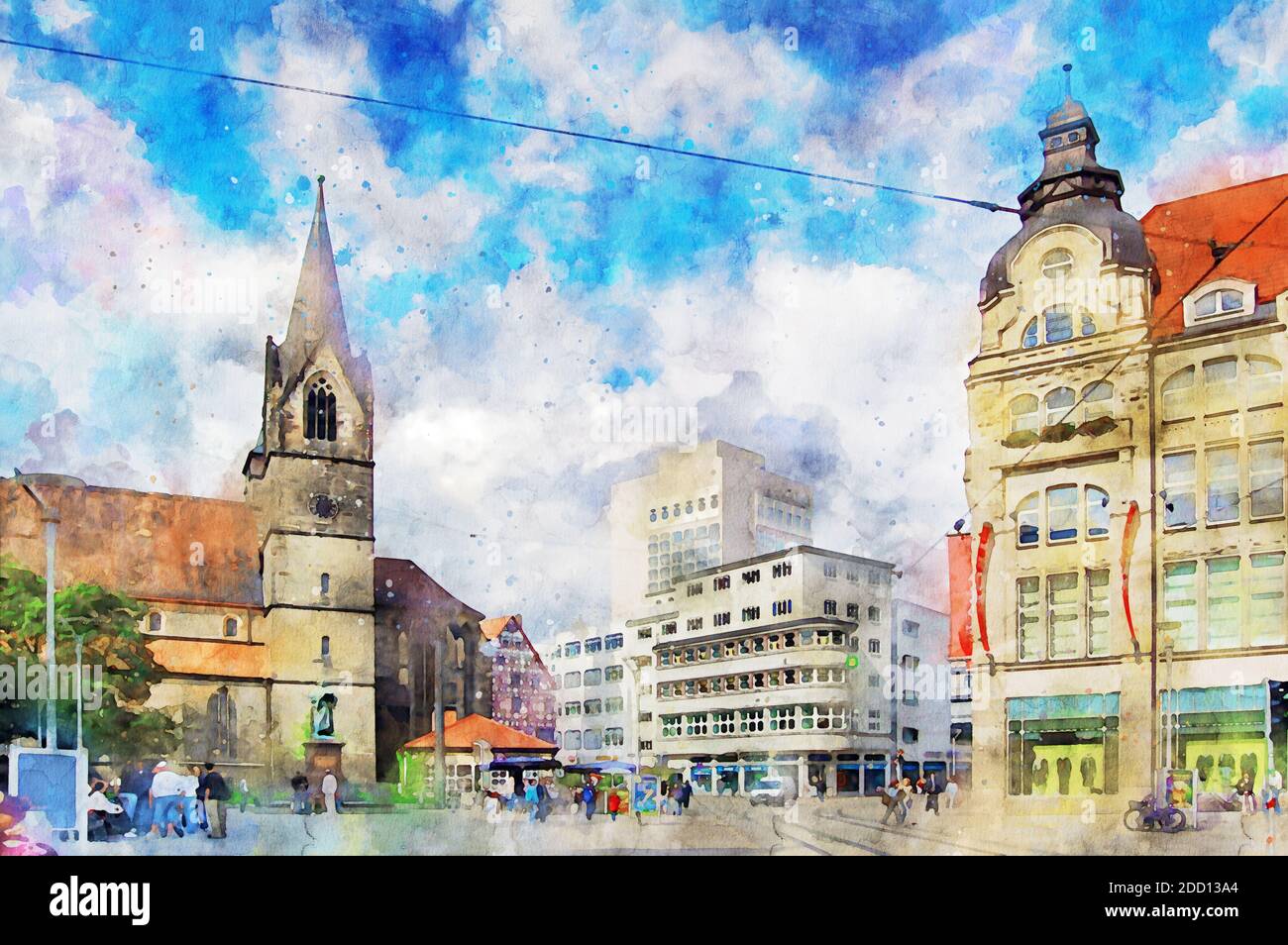 Watercolor painting of Erfurt cityscape capital of thuringia. People ...