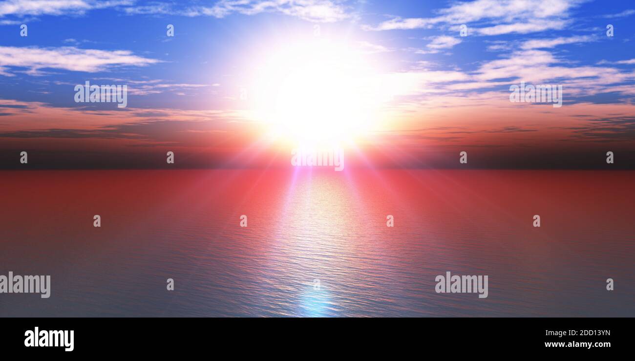 sunset sea sun ray clear sky, 3d rendering illustration Stock Photo - Alamy