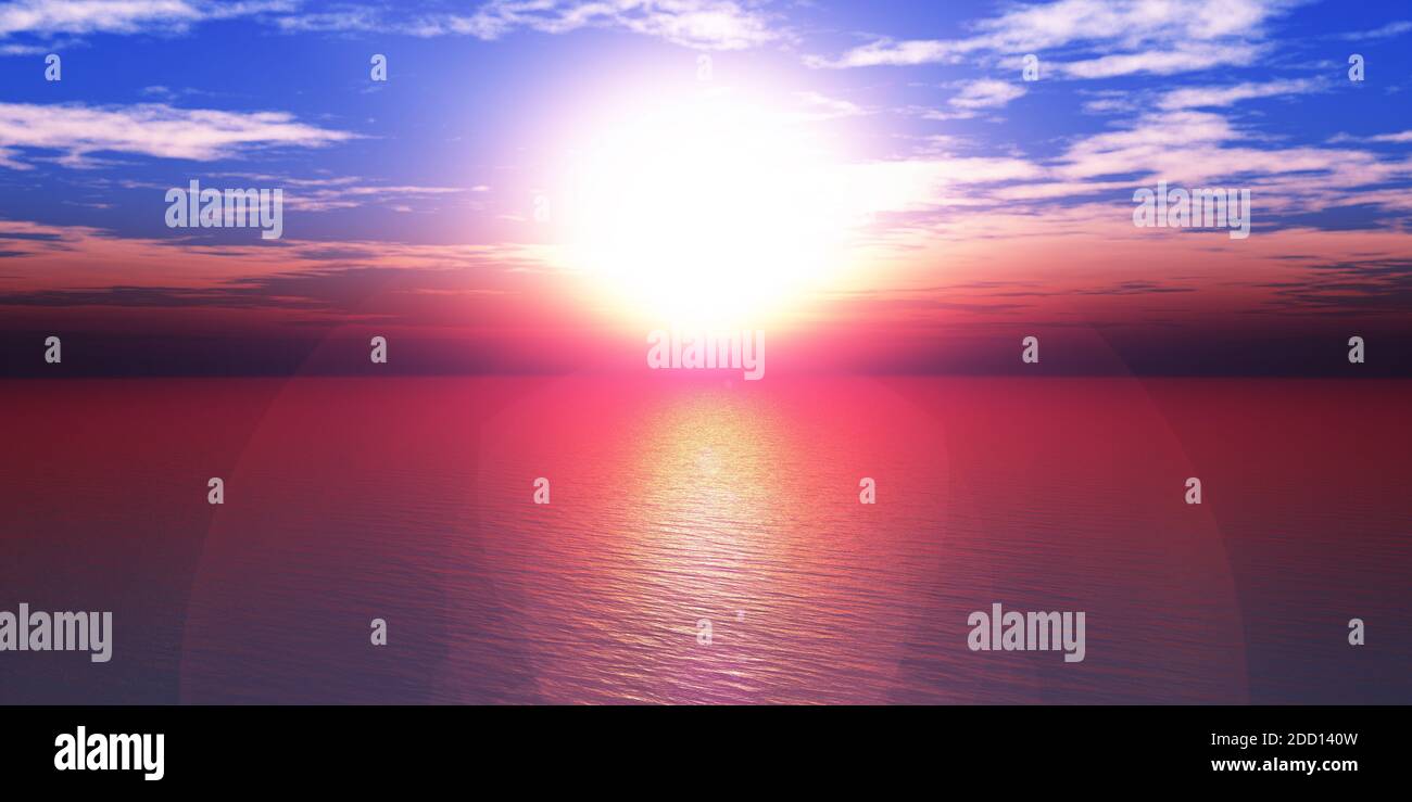sunset sea sun ray clear sky, 3d rendering illustration Stock Photo - Alamy