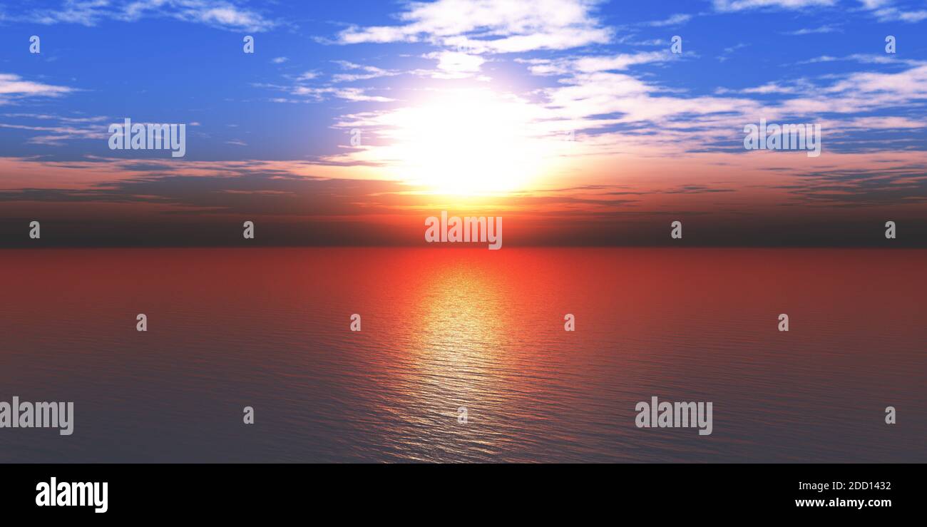 sunset sea sun ray clear sky, 3d rendering illustration Stock Photo - Alamy