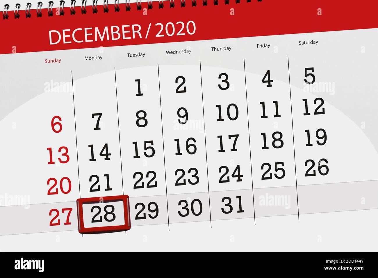 Calendar planner for the month december 2020, deadline day, 28, monday ...