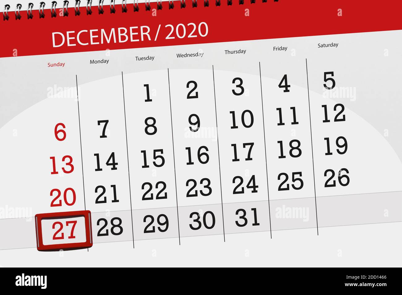 Calendar planner for the month december 2020, deadline day, 27, sunday ...
