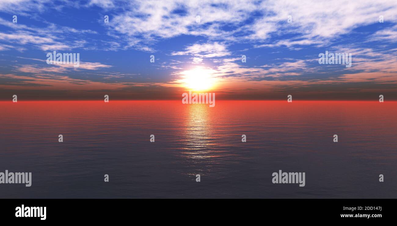 sunset sea sun ray clear sky, 3d rendering illustration Stock Photo - Alamy