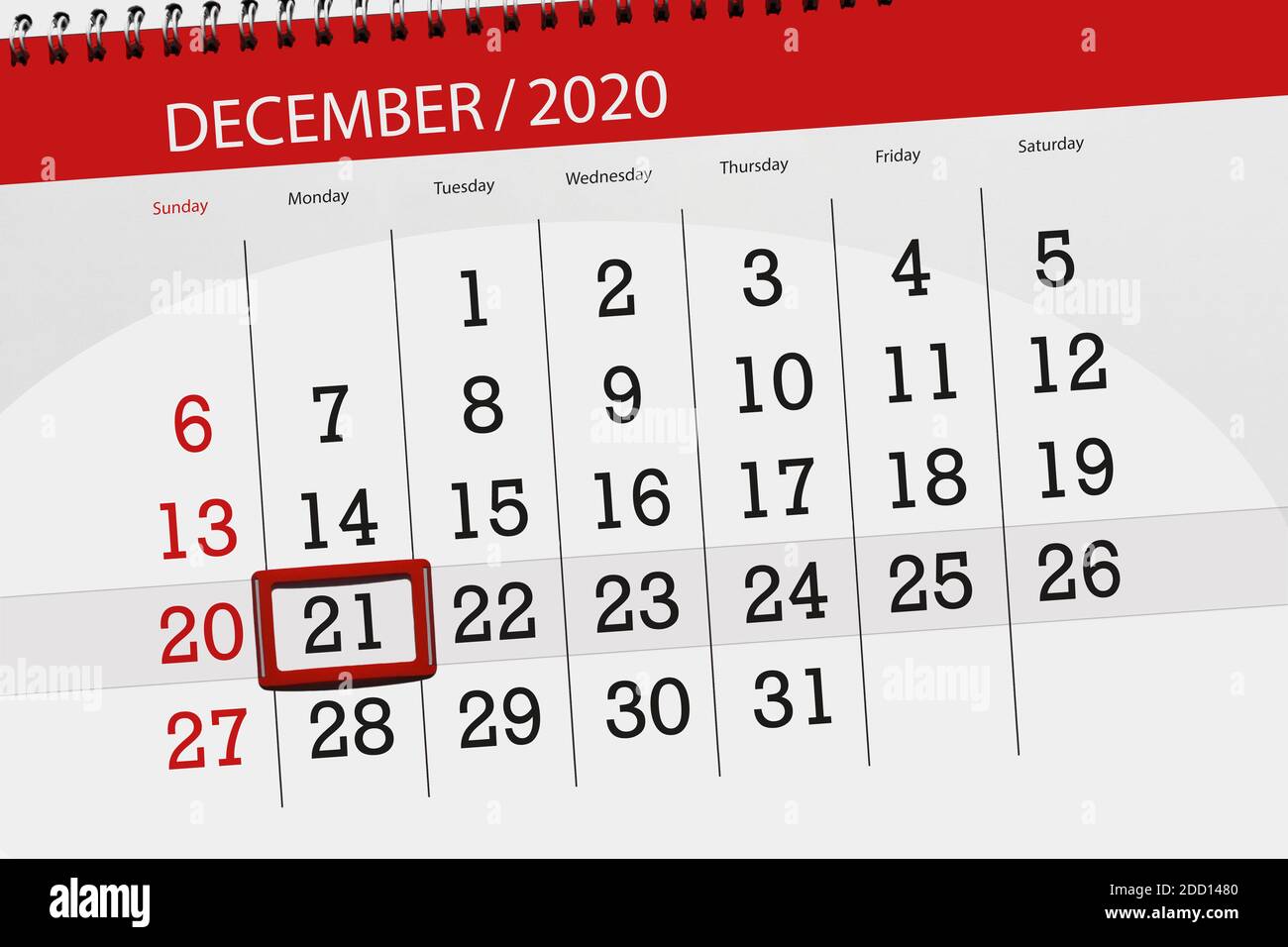 Calendar planner for the month december 2020, deadline day, 21, monday ...