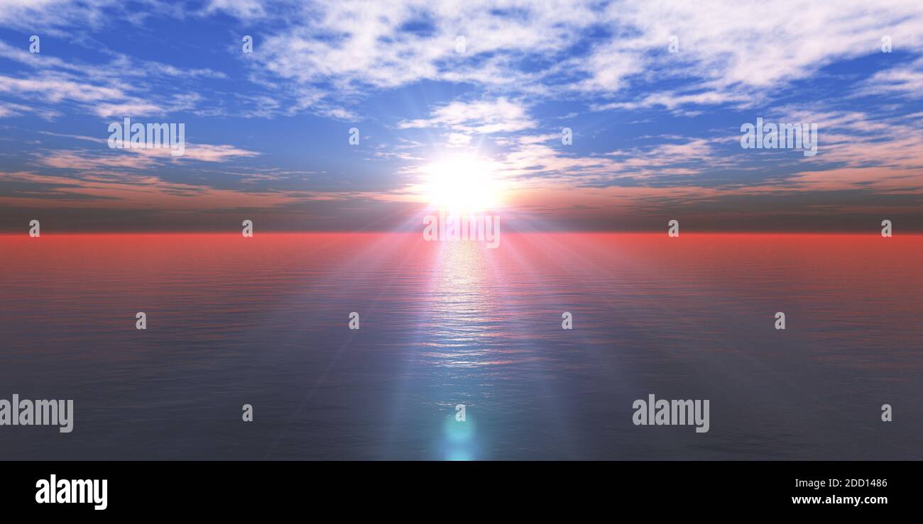 sunset sea sun ray clear sky, 3d rendering illustration Stock Photo - Alamy