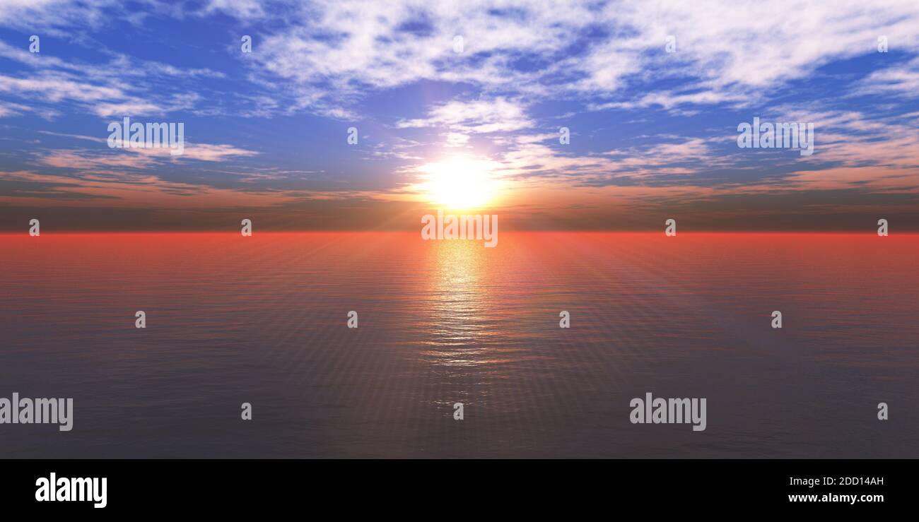 sunset sea sun ray clear sky, 3d rendering illustration Stock Photo - Alamy