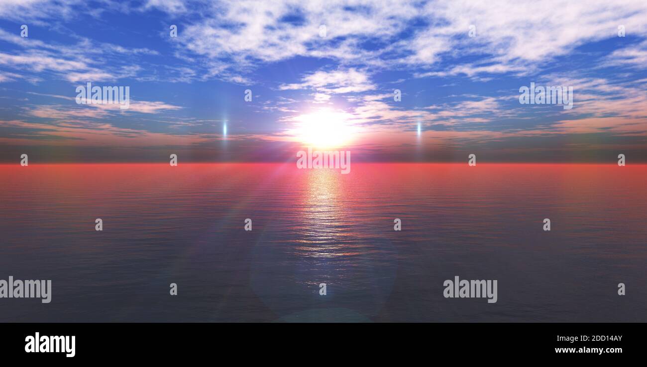 sunset sea sun ray clear sky, 3d rendering illustration Stock Photo - Alamy