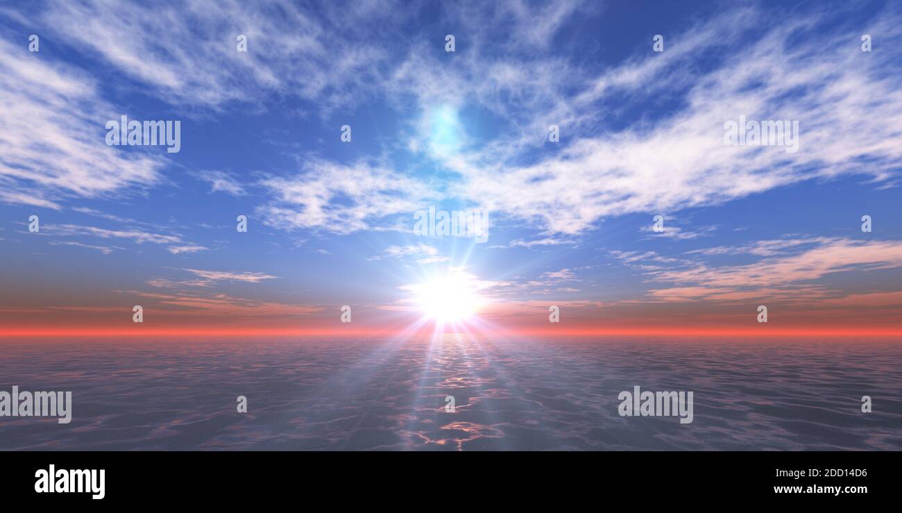 sunset sea sun ray clear sky, 3d rendering illustration Stock Photo - Alamy