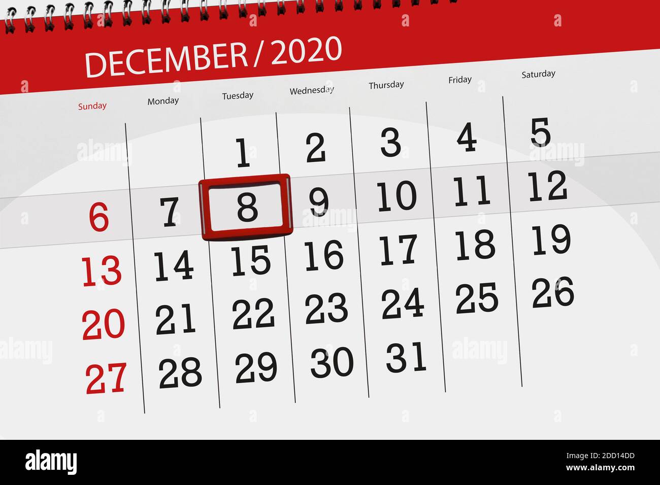 Calendar planner for the month december 2020, deadline day, 8, tuesday ...