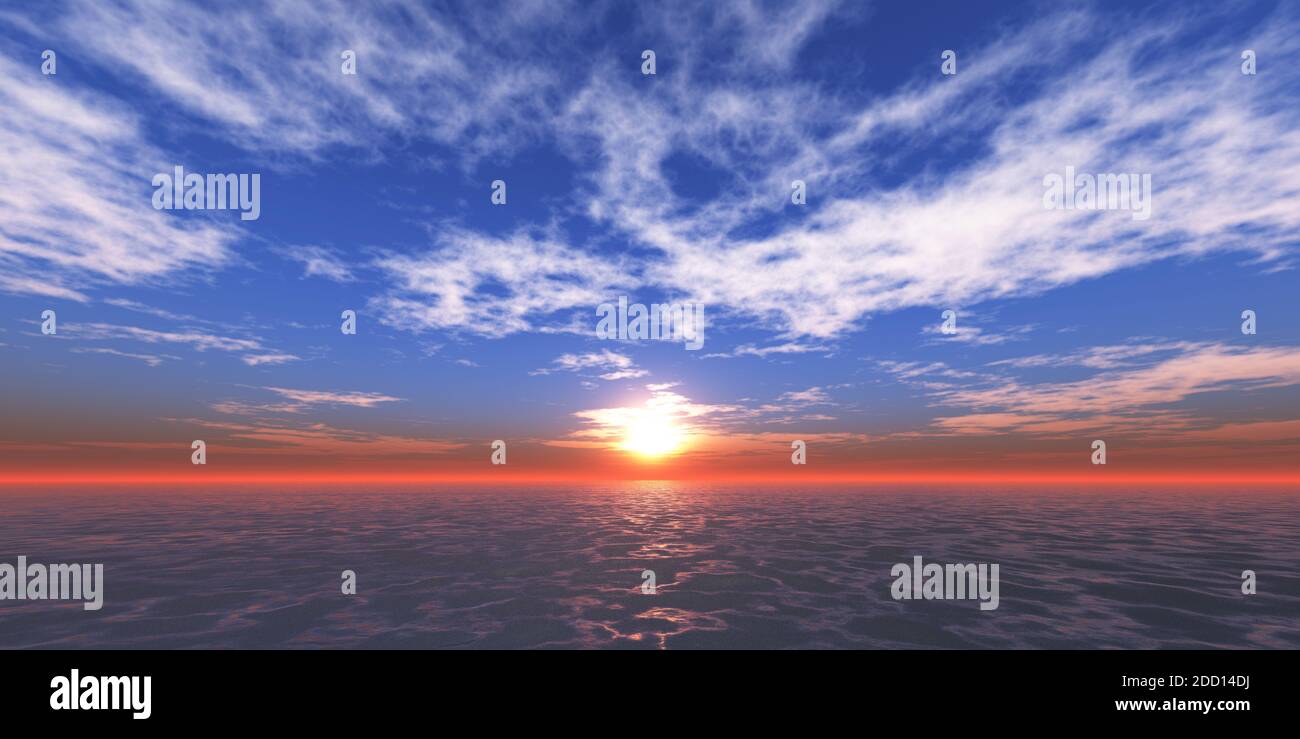 sunset sea sun ray clear sky, 3d rendering illustration Stock Photo - Alamy