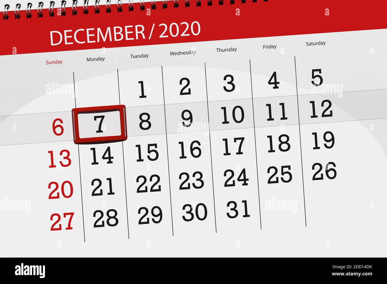 Calendar planner for the month december 2020, deadline day, 7, monday ...