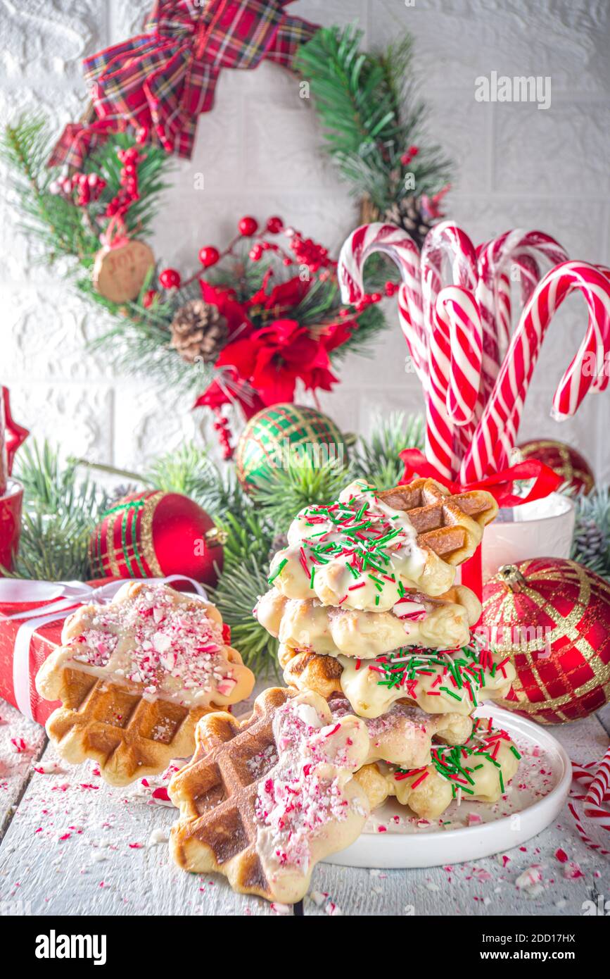 Stack of homemade Belgian waffles for Christmas breakfast. Traditional ...