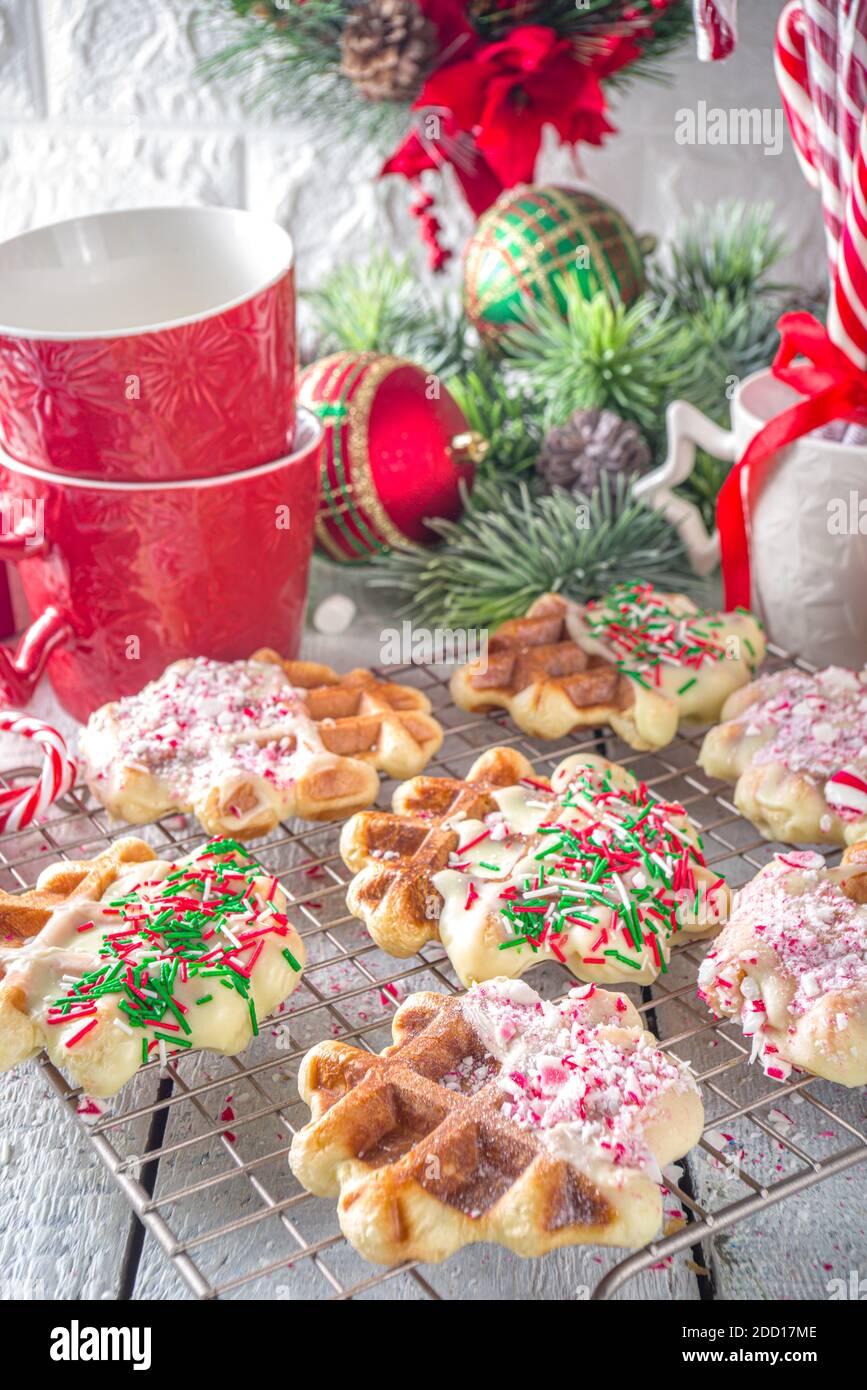 Stack of homemade Belgian waffles for Christmas breakfast. Traditional ...