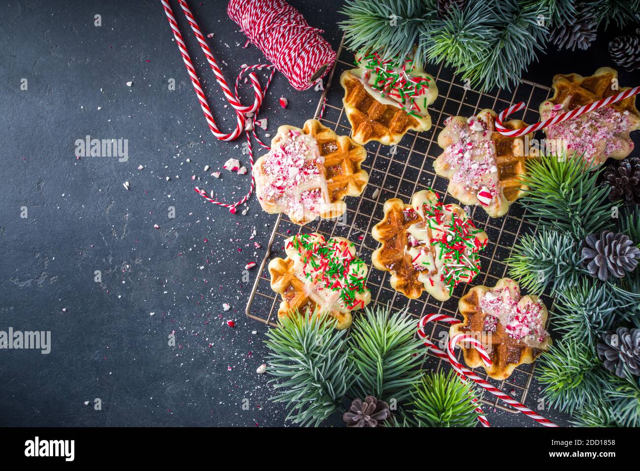 Stack of homemade Belgian waffles for Christmas breakfast. Traditional ...