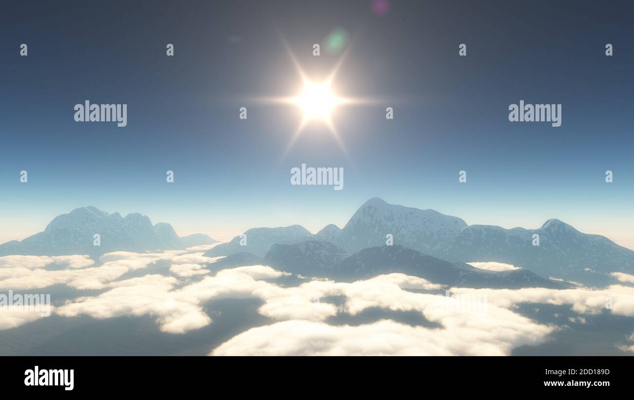 mountain above clouds sun ray 3d render illustration Stock Photo - Alamy