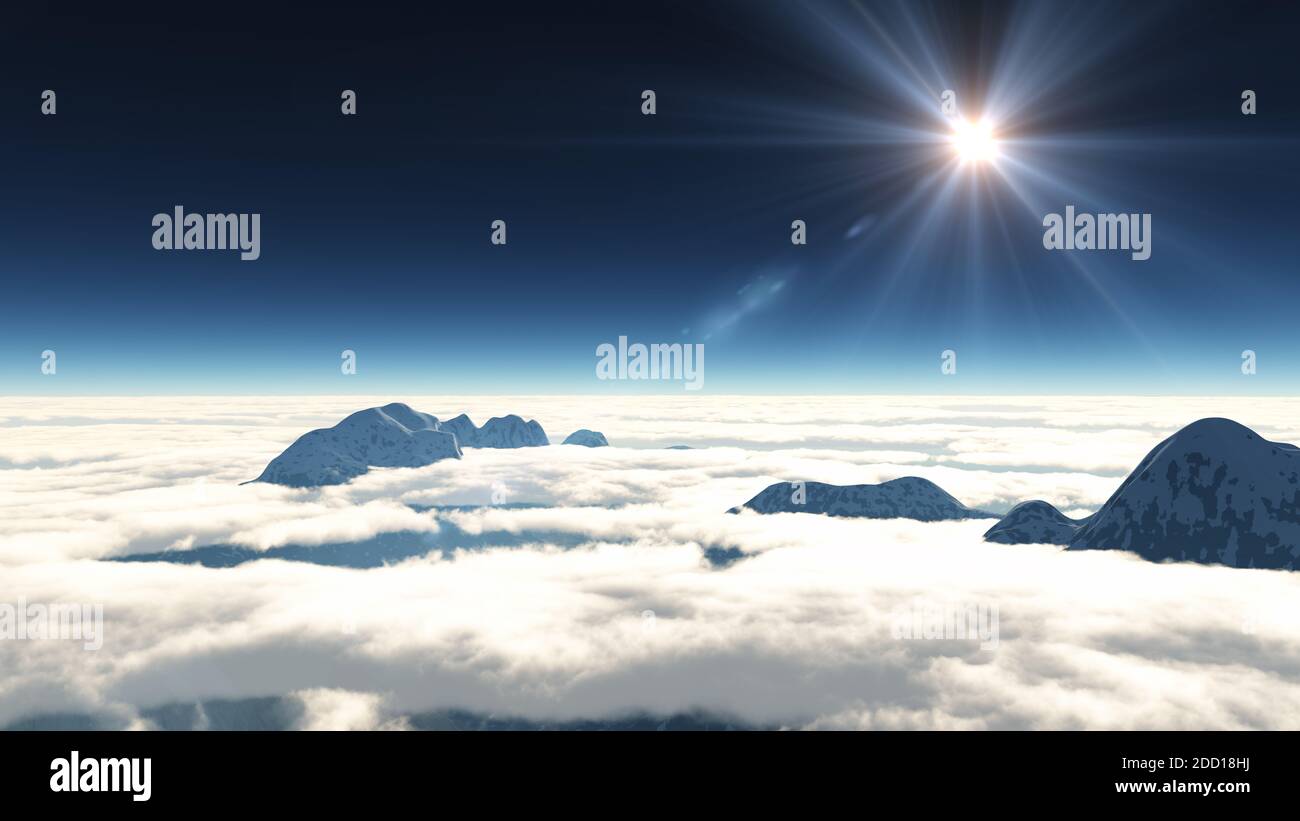 mountain above clouds sun ray 3d render illustration Stock Photo - Alamy