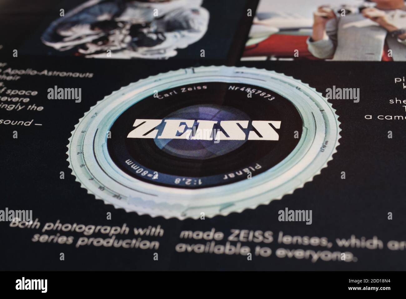 Viersen, Germany - 9. May 2020: Close up of Zeiss lenses advertising in ...