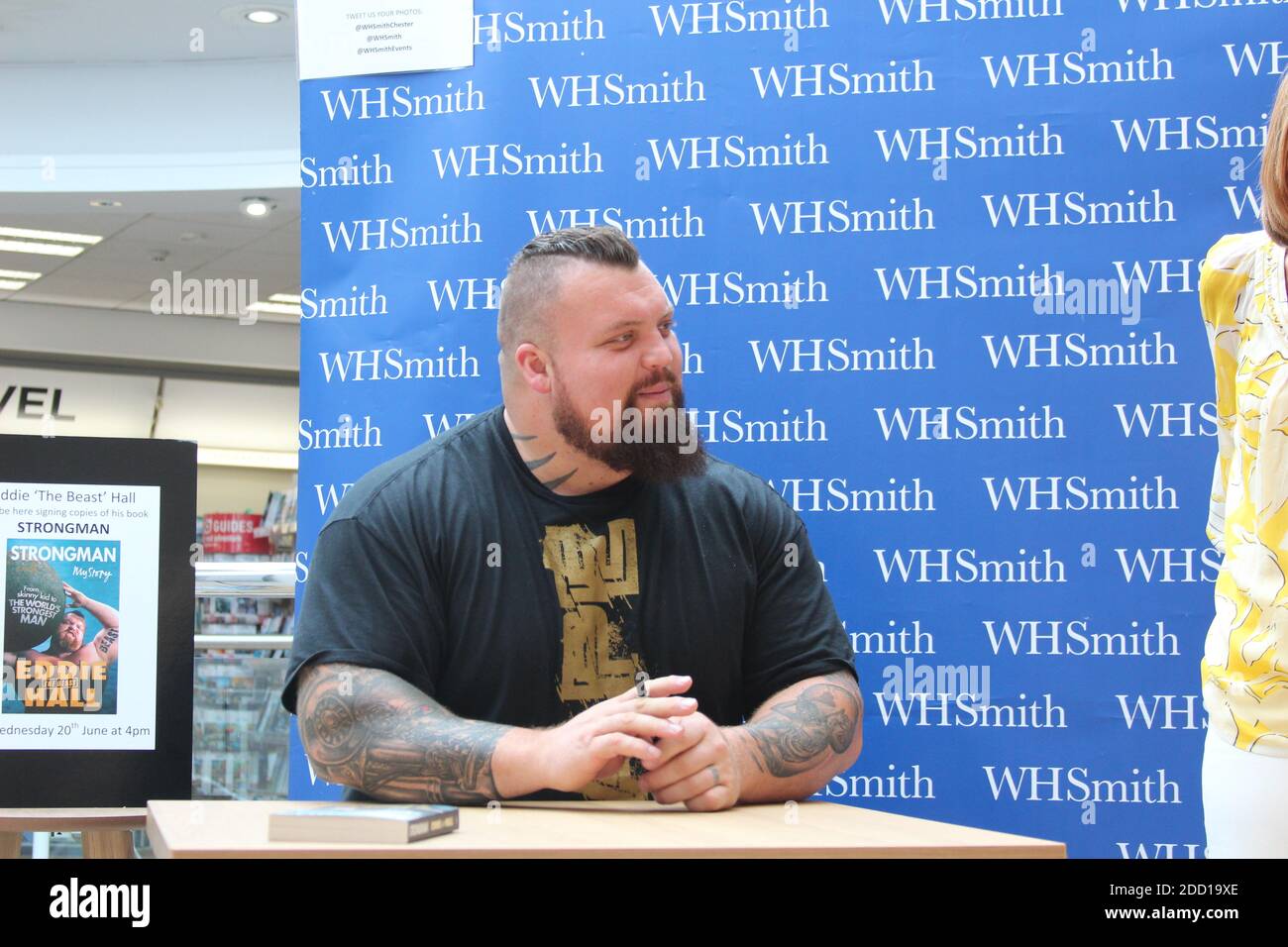 Eddie Hall the strongmen, WH Smith Chester. signing copes of his book ...