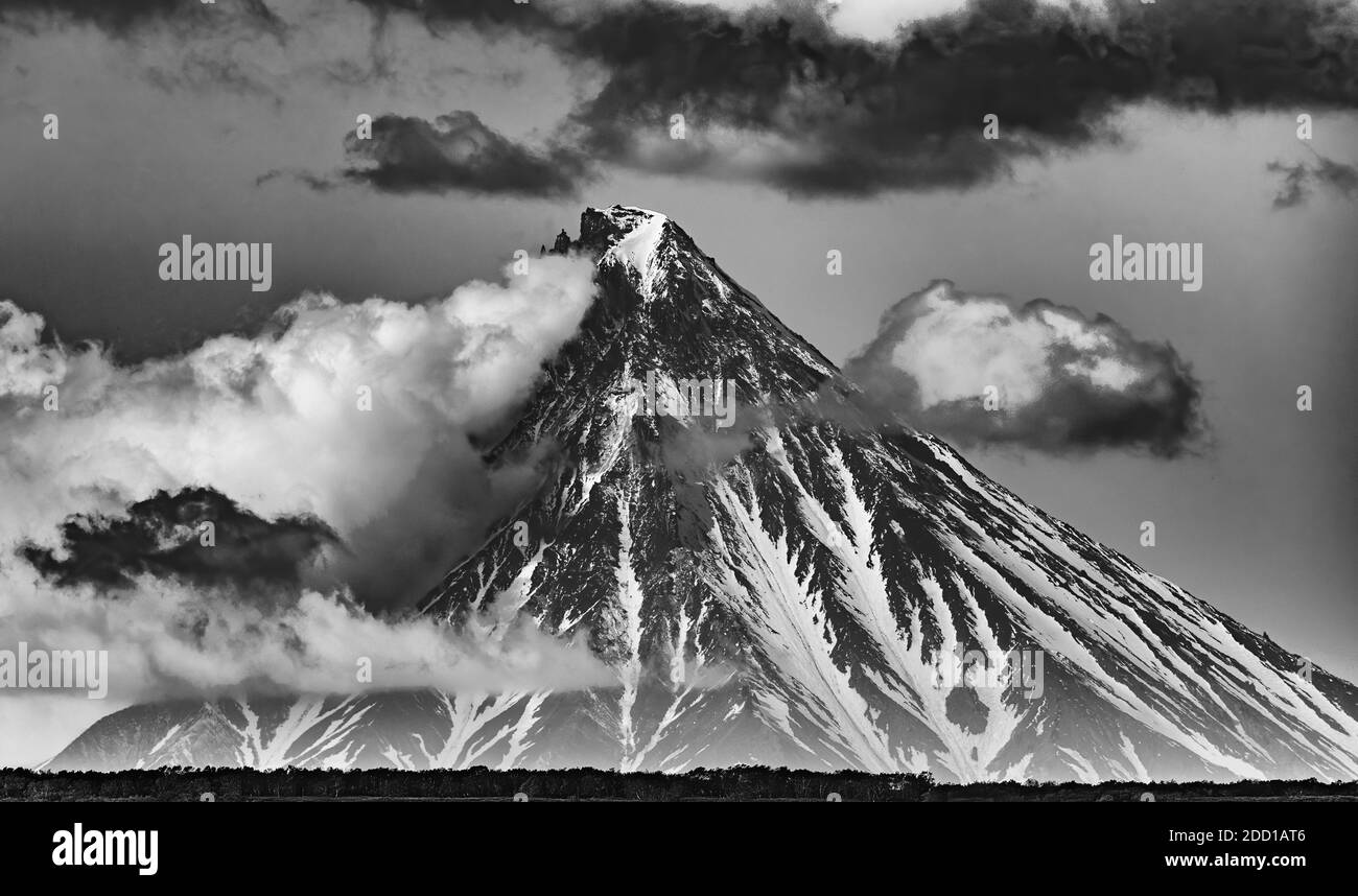 Kronotsky volcano in monochrome Stock Photo - Alamy
