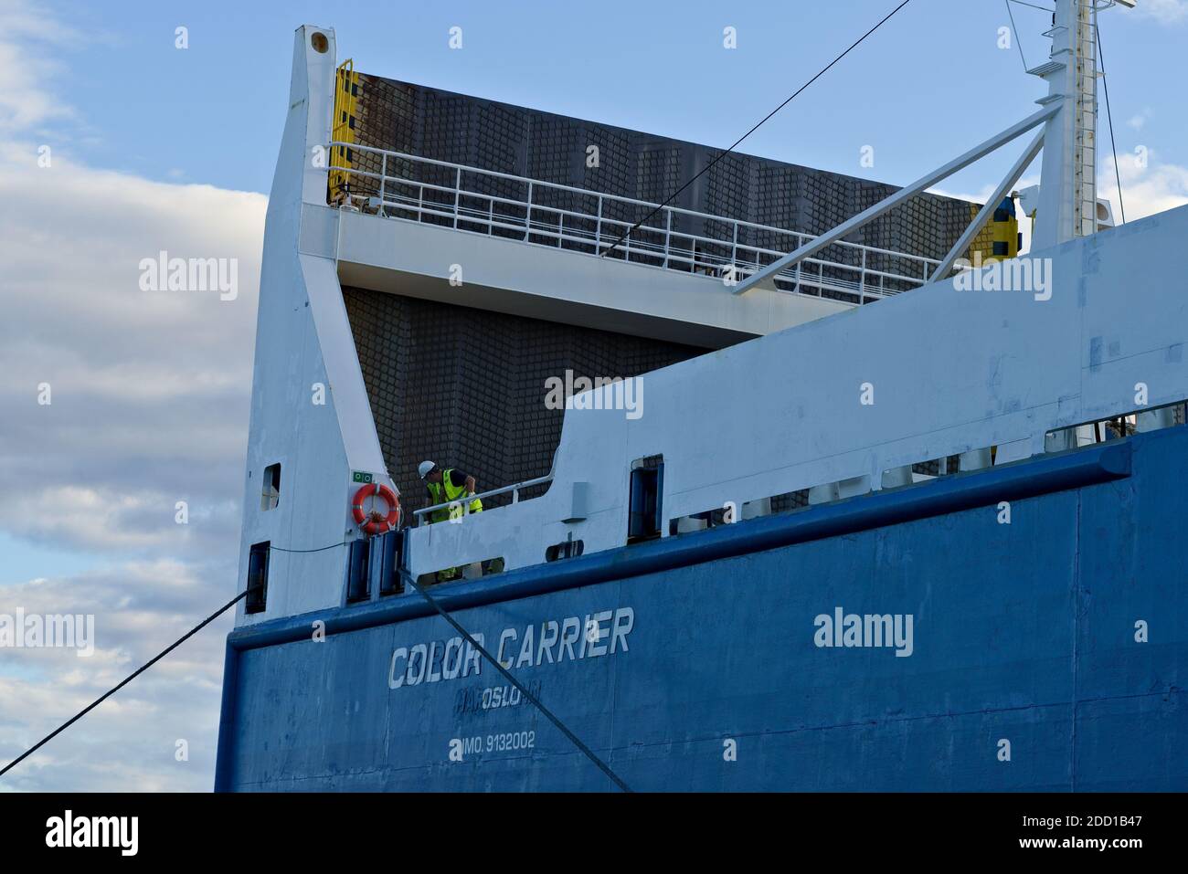 Oslo, Norway - Aug. 29th 2020: Two deckhands on a large cargo ship are ...