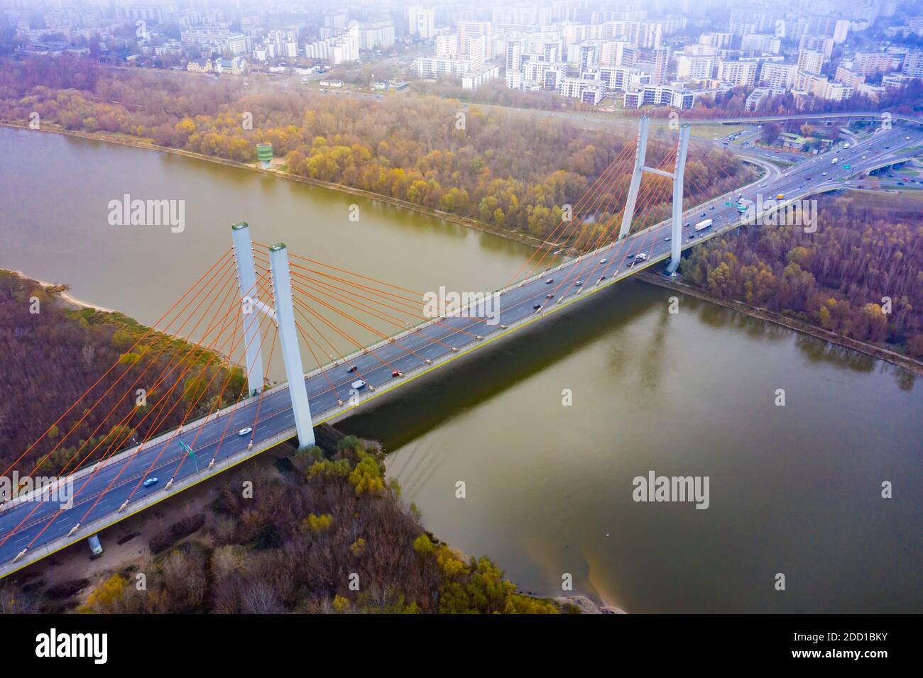 Aerial drone view. bridge in the rays of a sunny morning. Autumn haze ...
