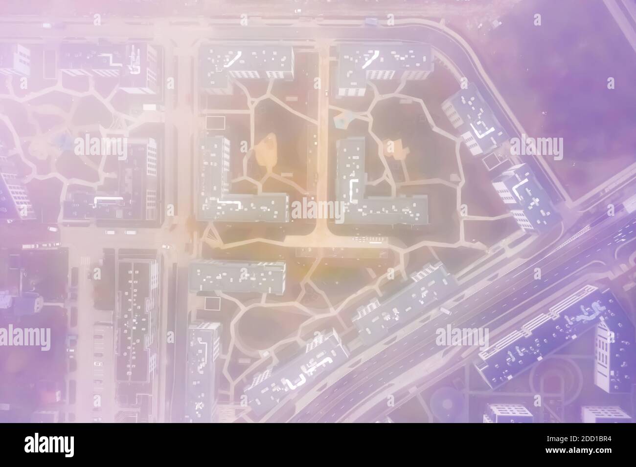 Urban texture and pattern. Aerial view of the city buildings under a ...