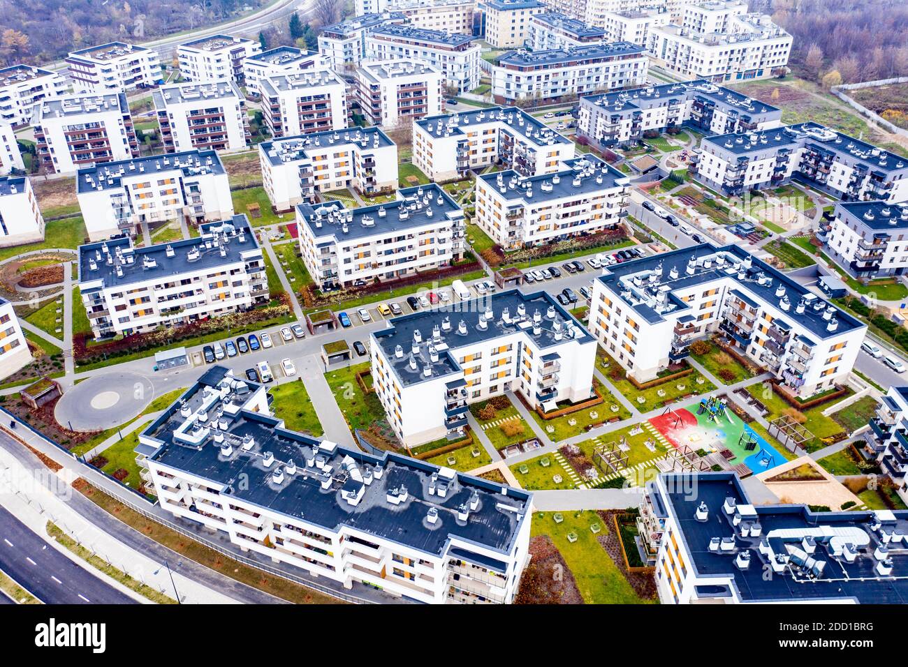 Urban texture and pattern. Aerial view of the city buildings under a ...