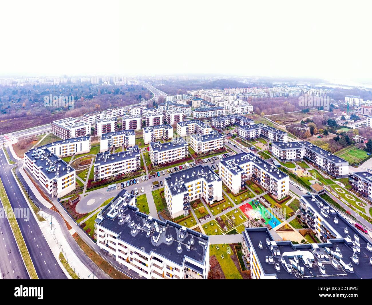 Urban texture and pattern. Aerial view of the city buildings under a ...