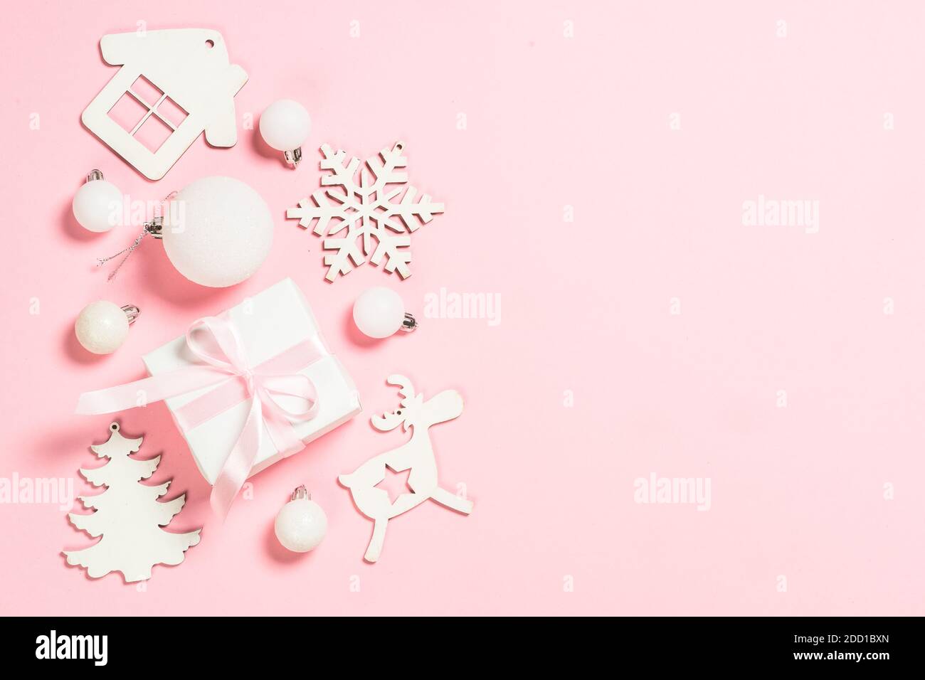 Christmas pink flat lay background with holiday decorations Stock Photo ...