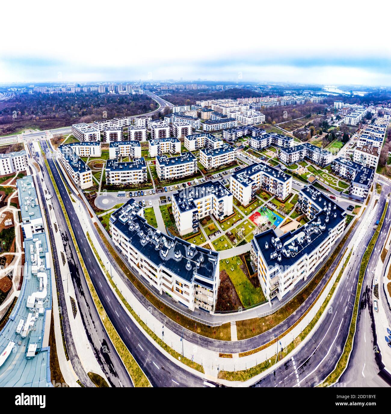 Urban texture and pattern. Aerial view of the city buildings under a ...