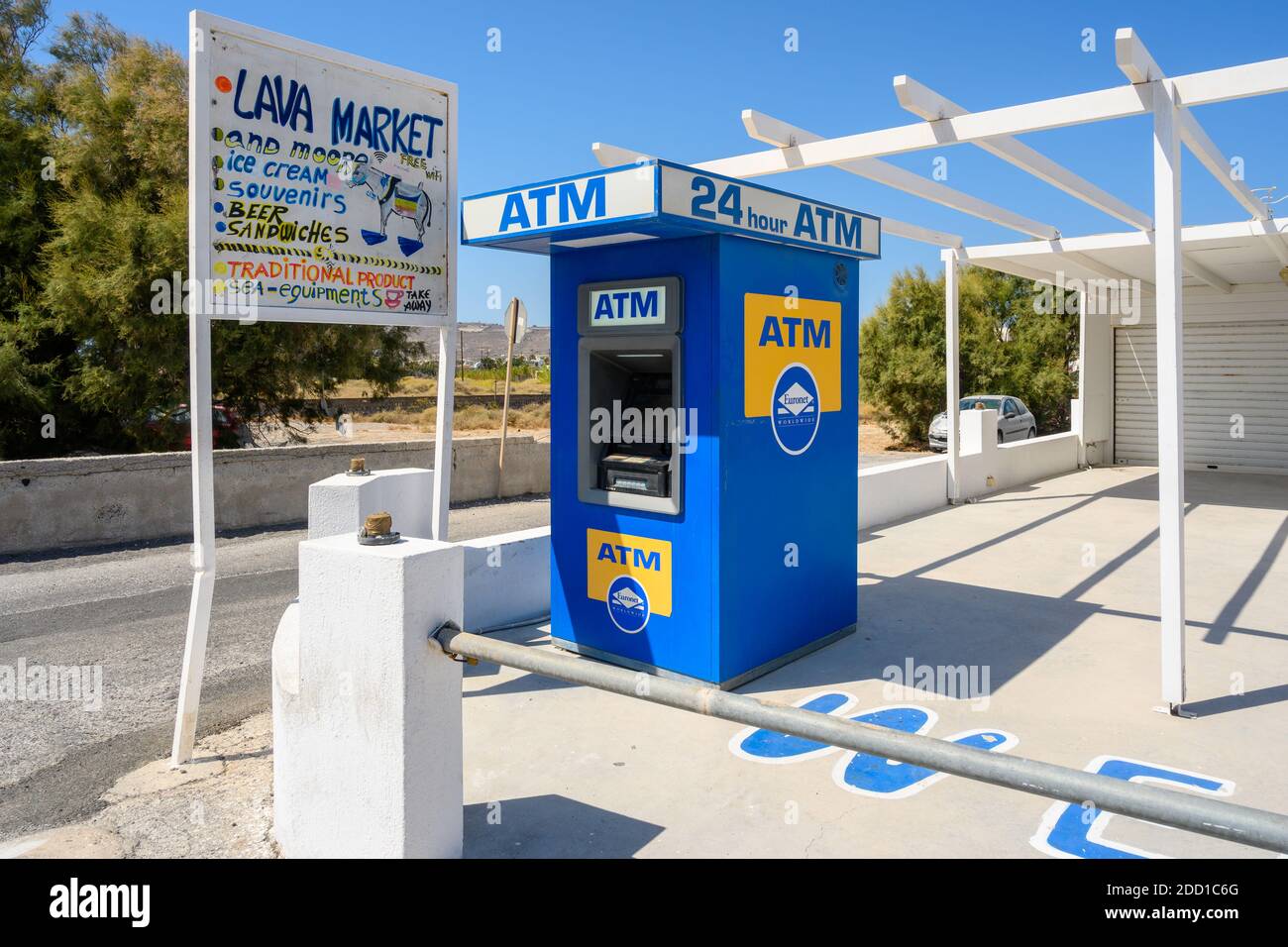 Santorini, Greece - September 17, 2020: ATM machine, Greek bank ...