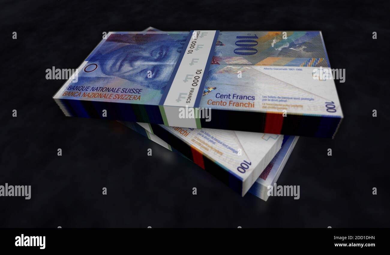 Swiss Franc, money pack 3d illustration. Switzerland 100 CHF banknote ...