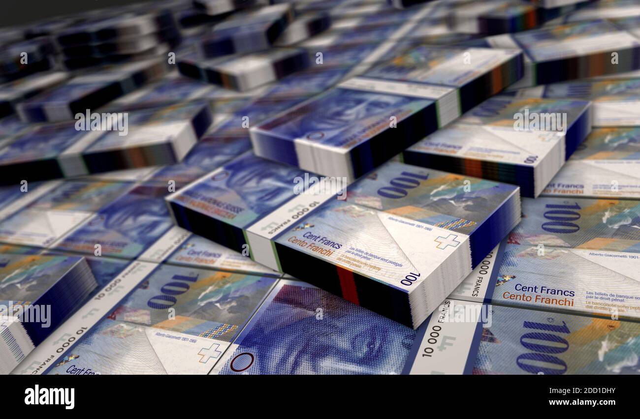 Swiss Franc, money pack 3d illustration. Switzerland 100 CHF banknote ...