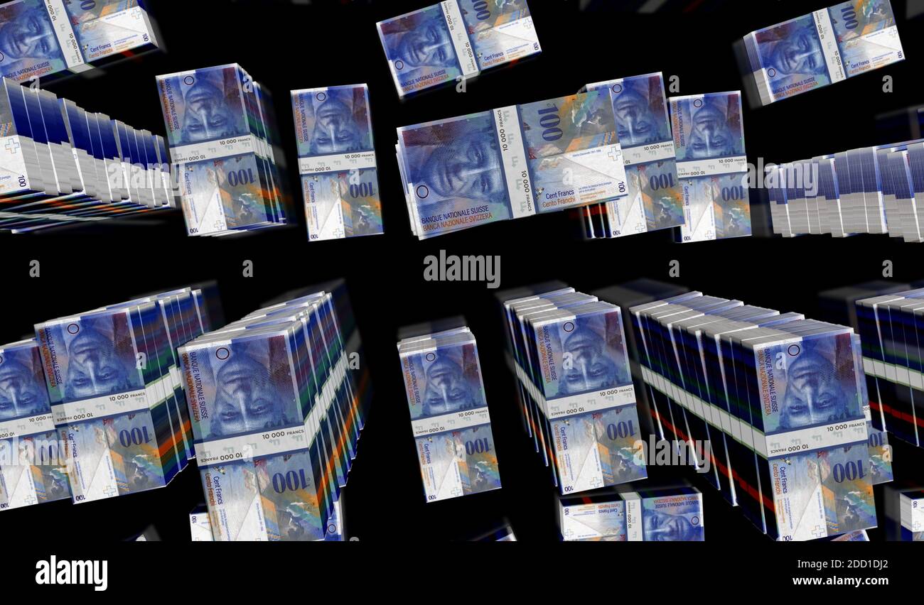 Swiss Franc, money pack 3d illustration. Switzerland 100 CHF banknote ...