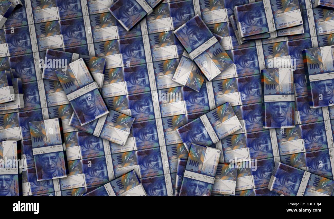 Swiss Franc, money pack 3d illustration. Switzerland 100 CHF banknote ...
